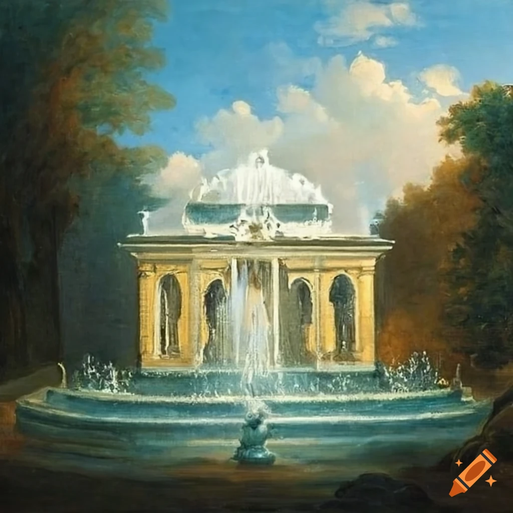 Neoclassical landscape painting with a gazebo and fountain on Craiyon