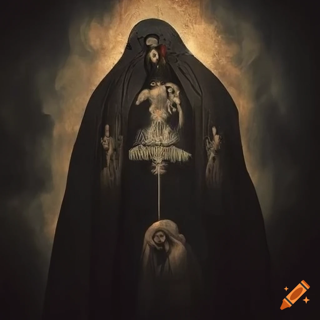 Dark eerie print of orthodox christian iconography and mythical beasts ...