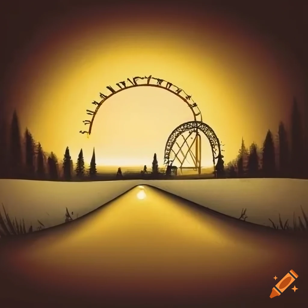 Drawing of a carnival entrance with ferris wheel and glowing sunset on ...