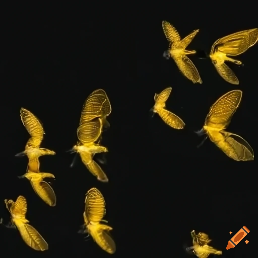Synchronized swarm of yellow insects in flight on Craiyon