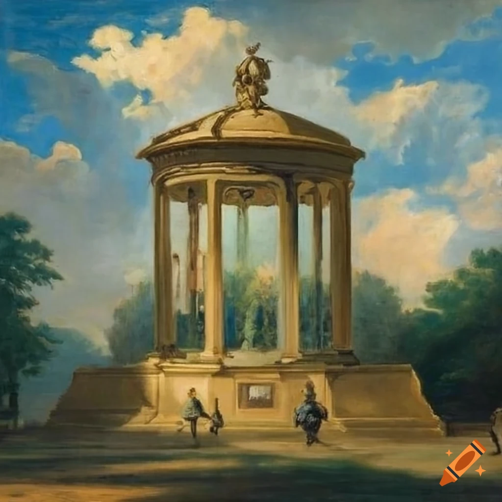 Neoclassical landscape painting with a gazebo and fountain on Craiyon
