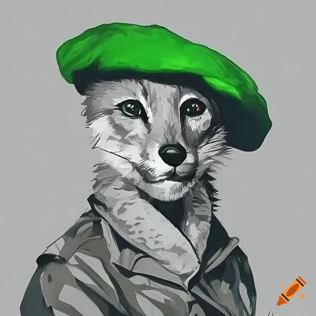 Color pencil drawing of a pink fox wearing a green beret on Craiyon