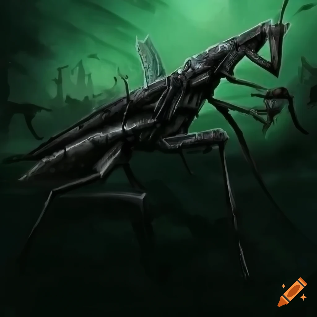 Praying mantis in dark fantasy armor on Craiyon