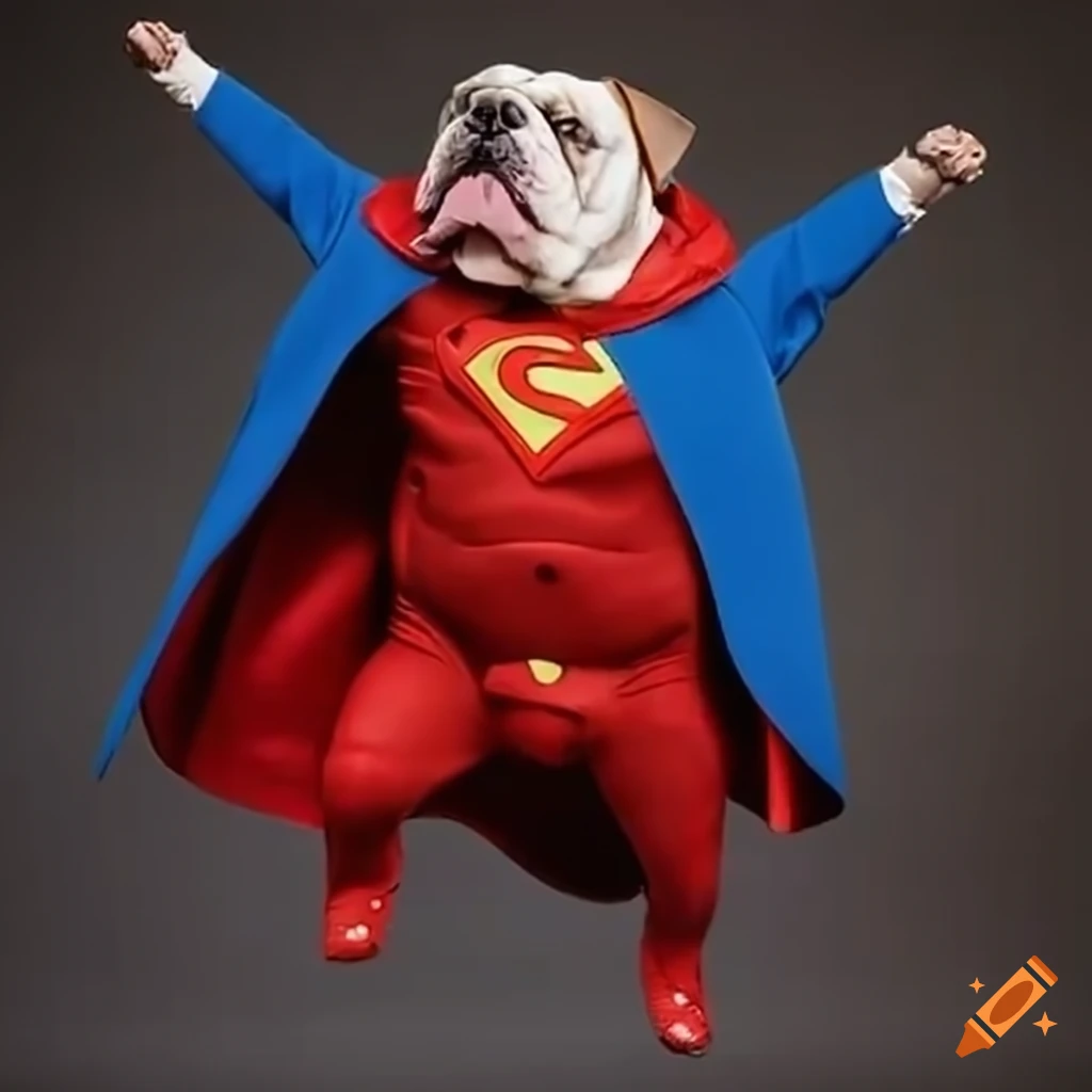 Funny image of a flying bulldog in a superhero costume on Craiyon