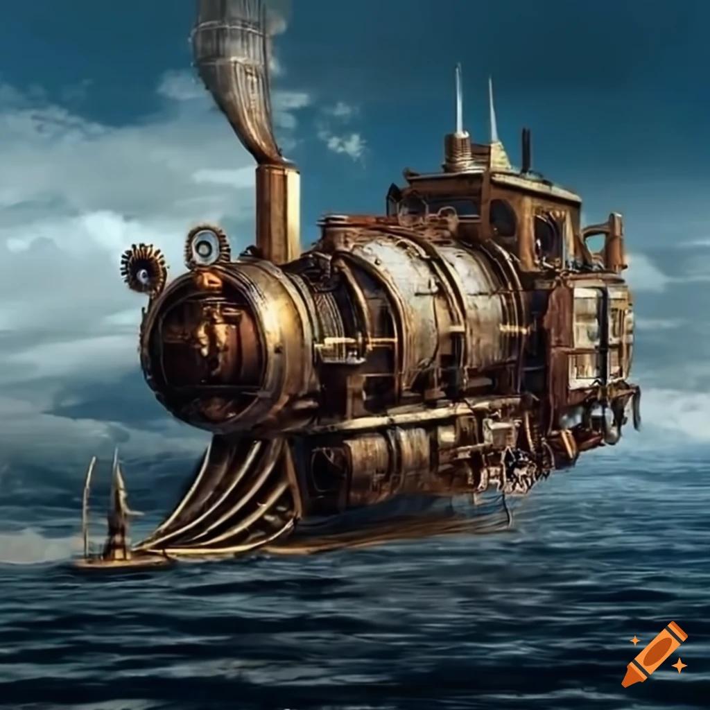 Steampunk flying locomotive artwork on Craiyon