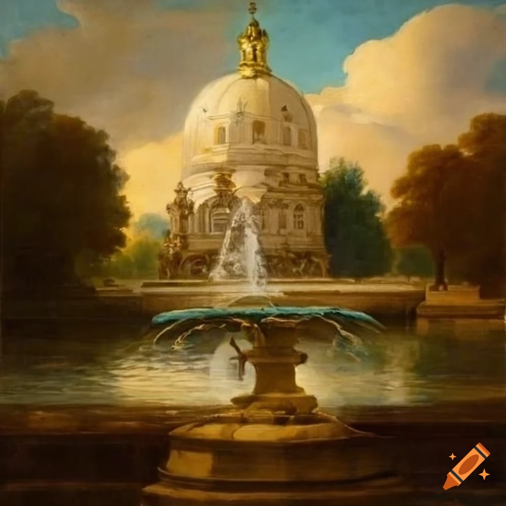 Neoclassical landscape painting with a fountain and dome building on ...