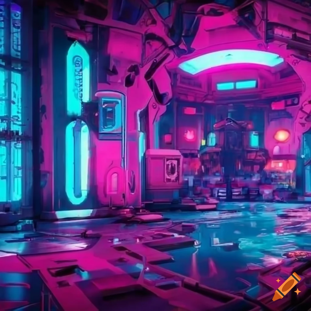 Neon-lit cyberpunk factory interior
