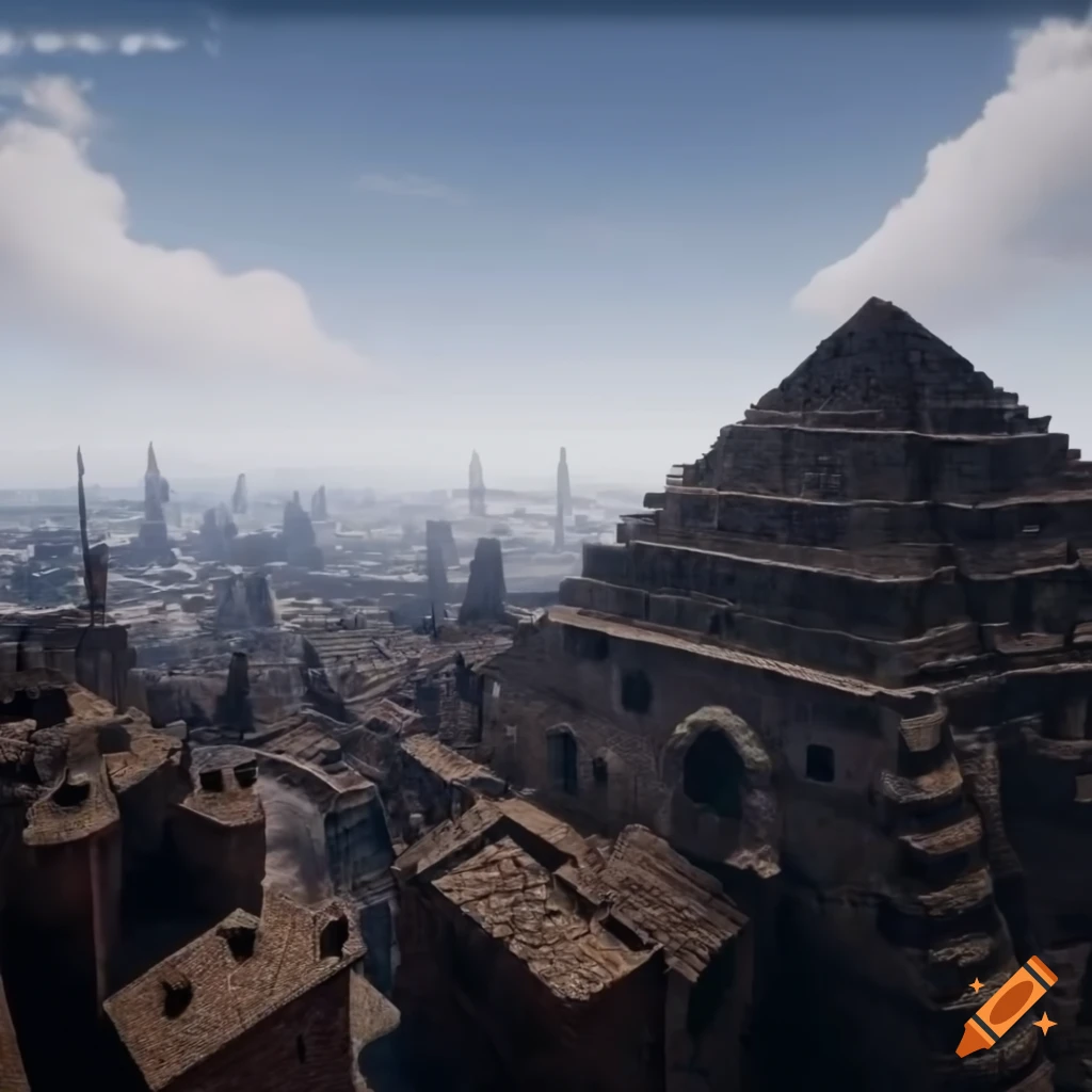 Aerial view of an ancient city with pyramids, towers, and river on Craiyon