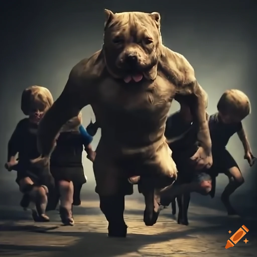 Children facing a massive pitbull in the style of a dark souls boss on ...