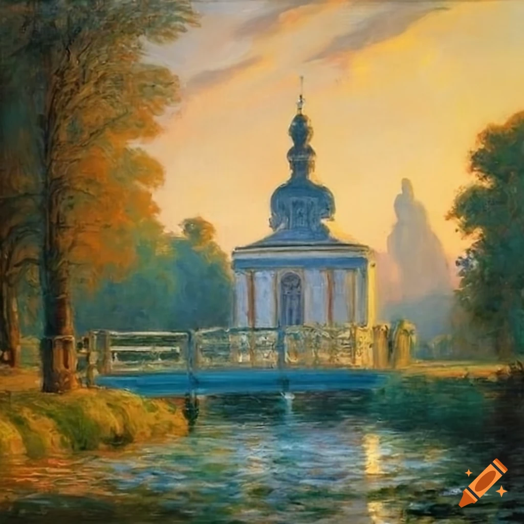 Neo-classical park with a kiosk surrounded by water on Craiyon