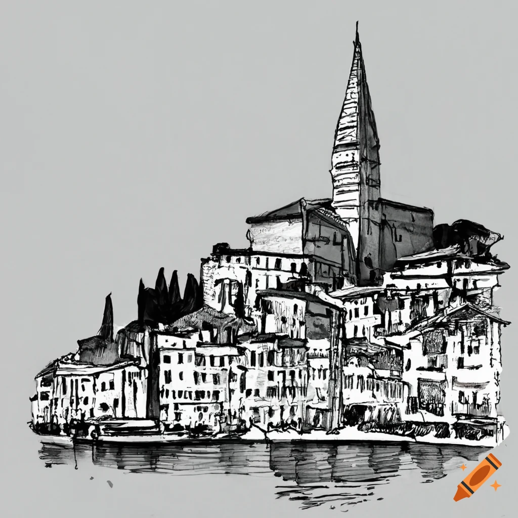 Black and white ink drawing of rovinj, croatia