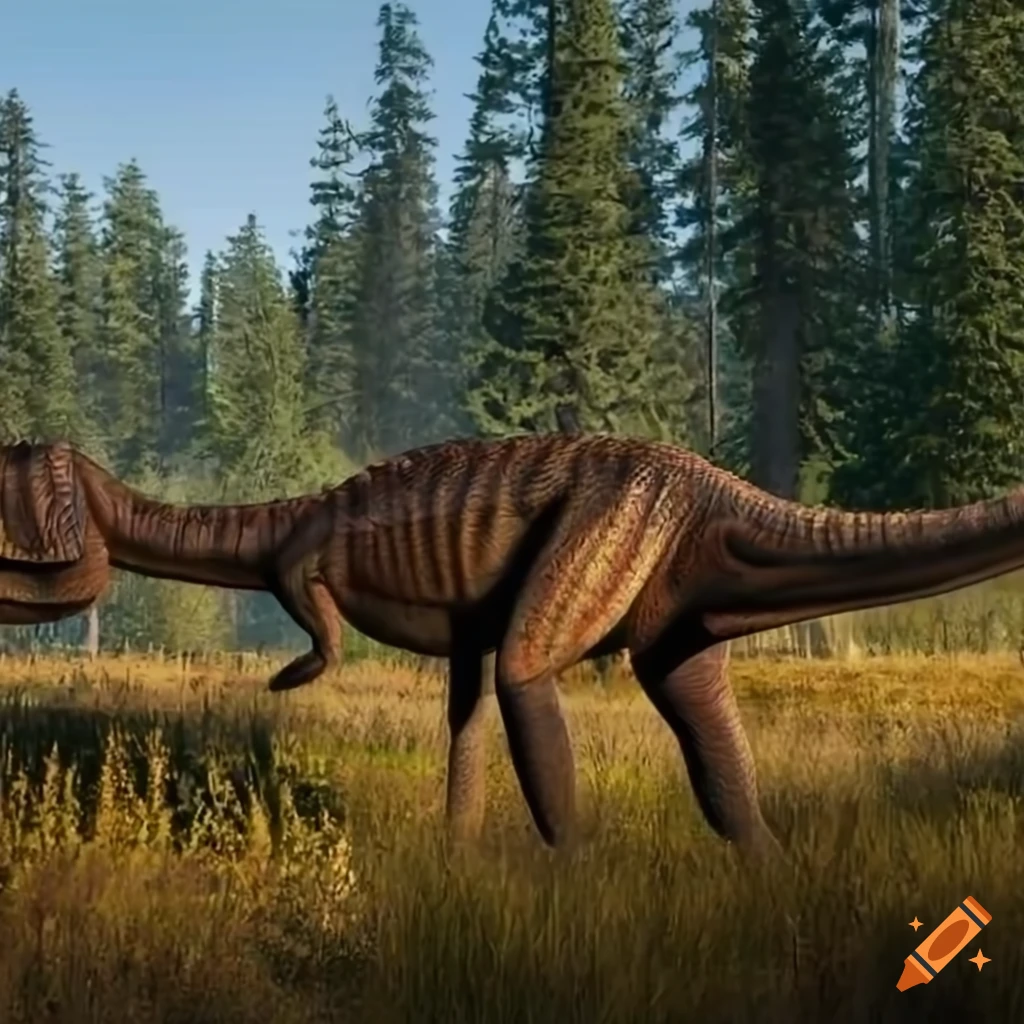 Two hadrosaurus dinosaurs walking in a forest landscape