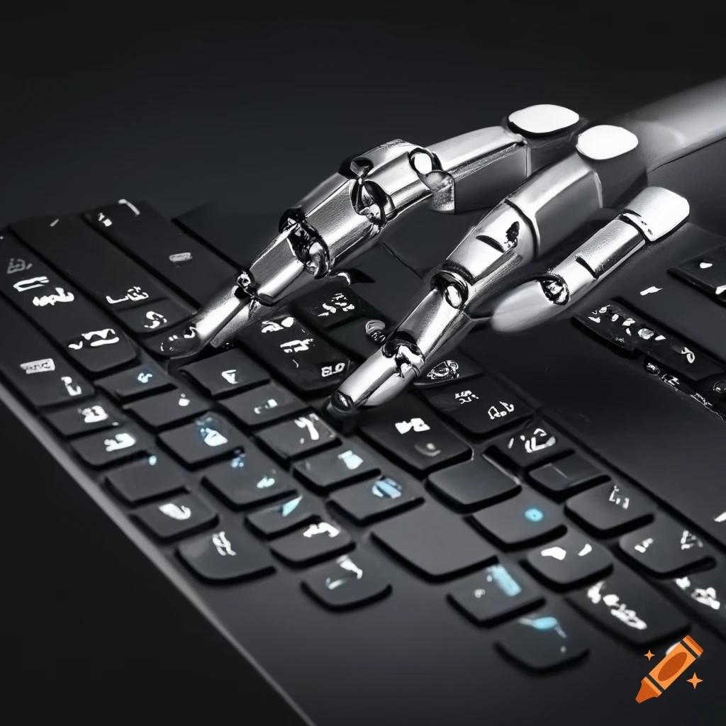 Side view of a robot hand typing on a keyboard on Craiyon