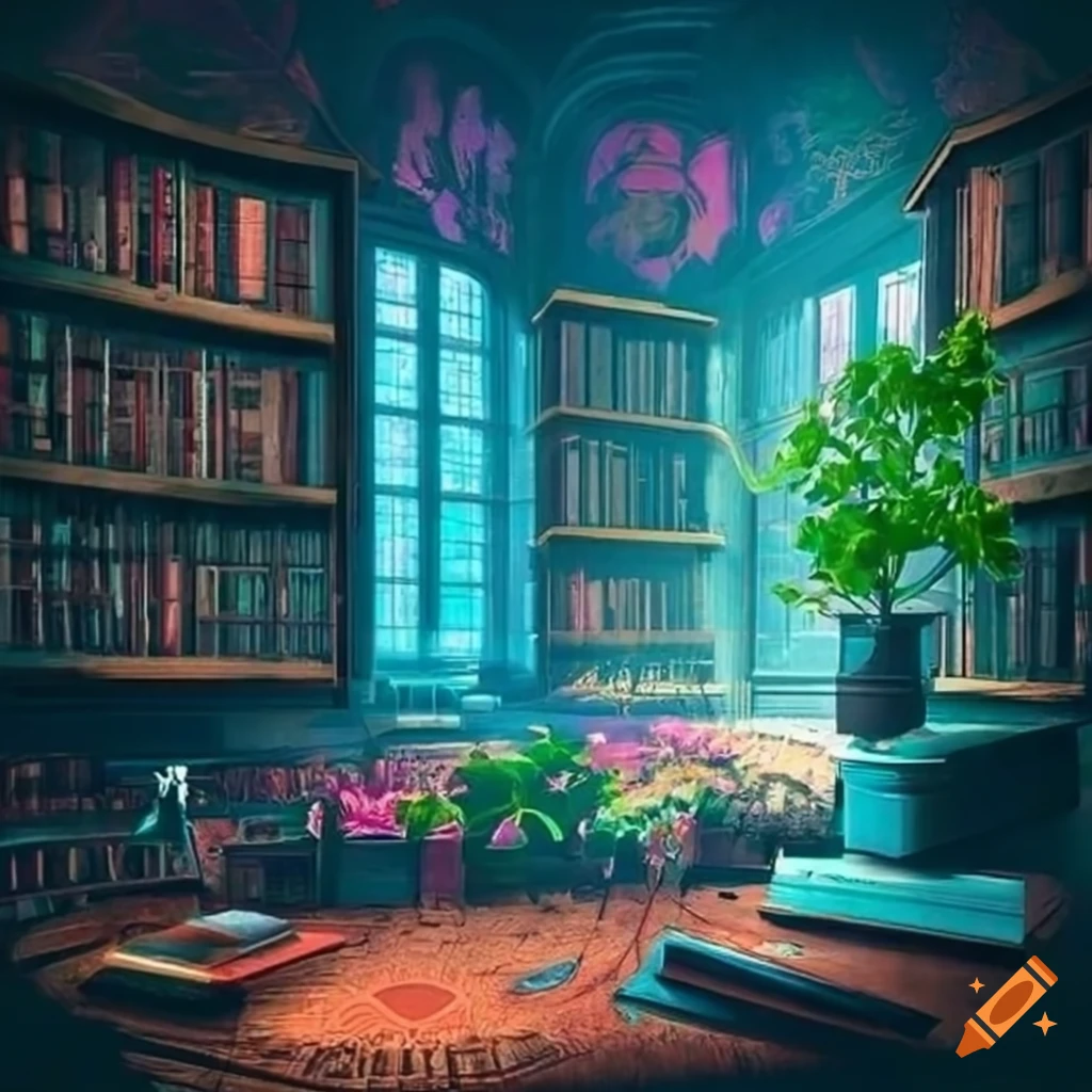 Image of a magical study library with a vibrant garden on Craiyon