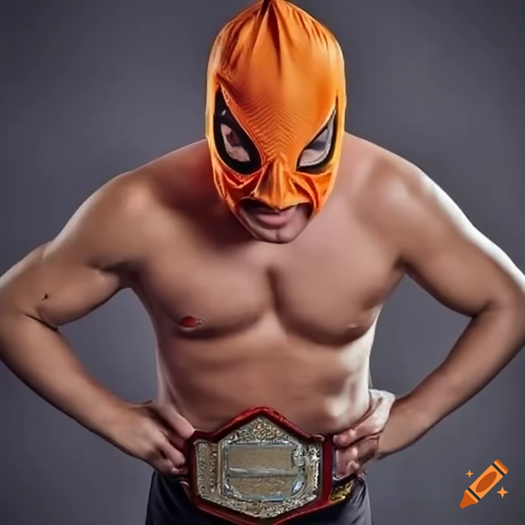 Luchador wearing orange mask with championship belt on Craiyon