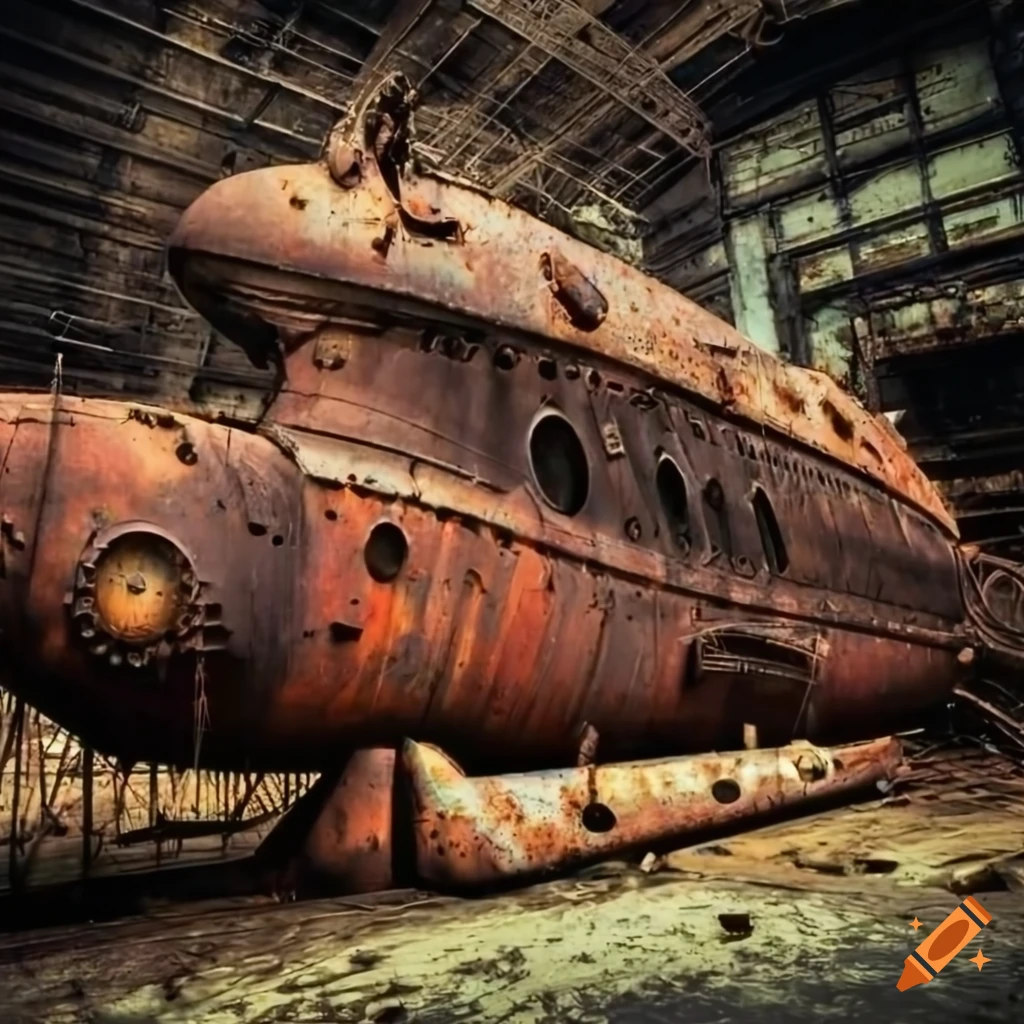 Old and rusted steampunk submarine in a shipyard on Craiyon