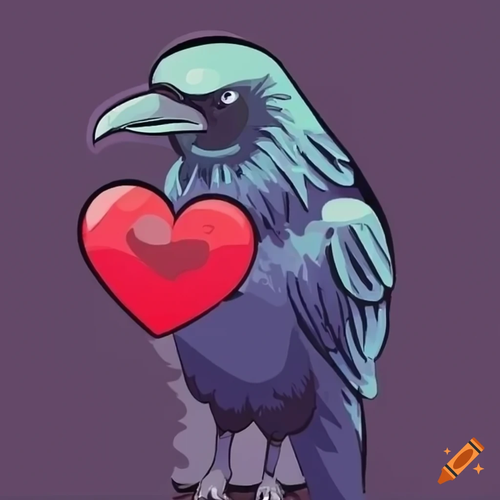 Crow holding a heart in emote style