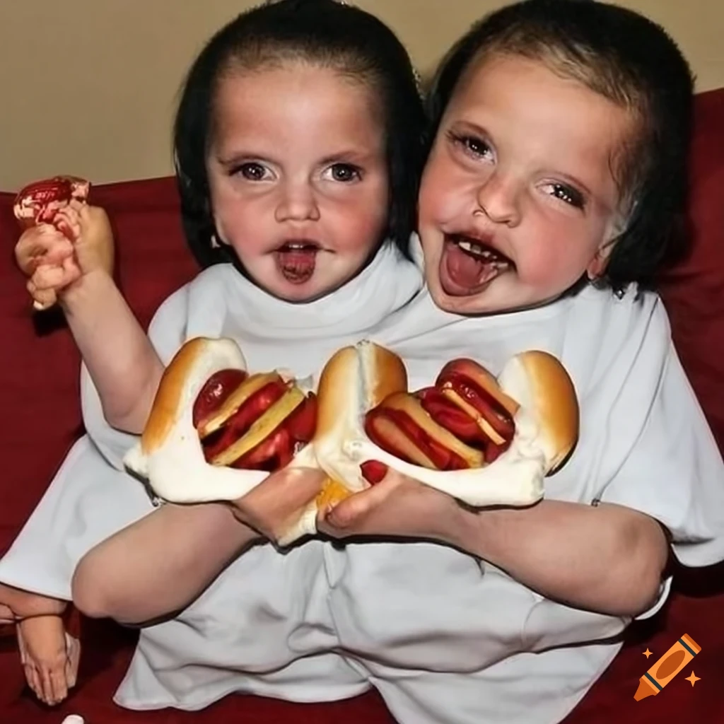 Photograph of conjoined twins eating hot dogs on Craiyon