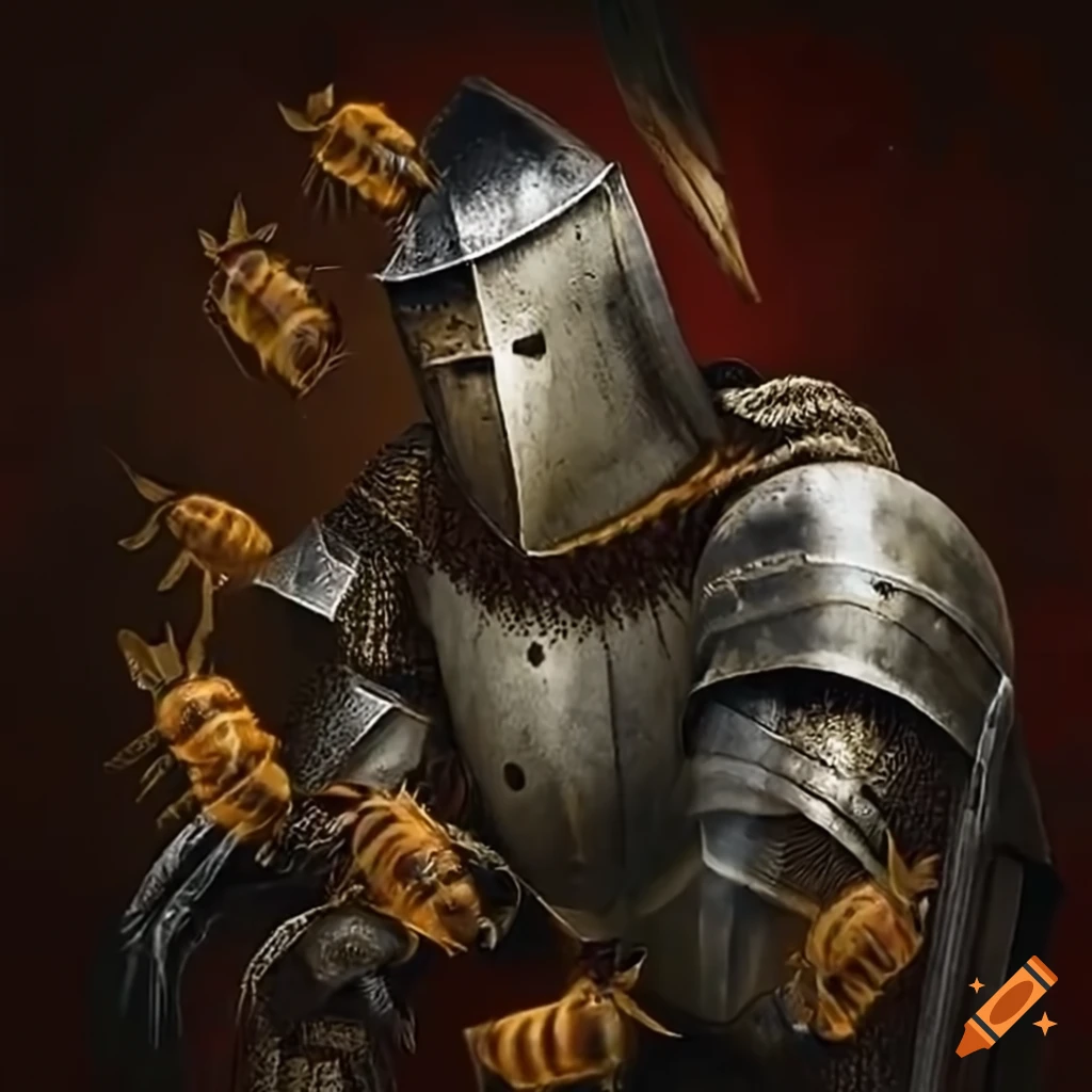 Illustration of a medieval knight being attacked by bees on Craiyon