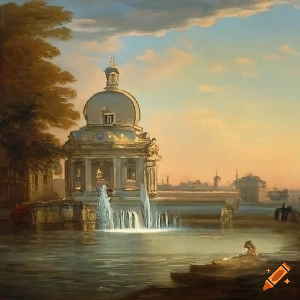 Neoclassical landscape painting with a gazebo and fountain on Craiyon