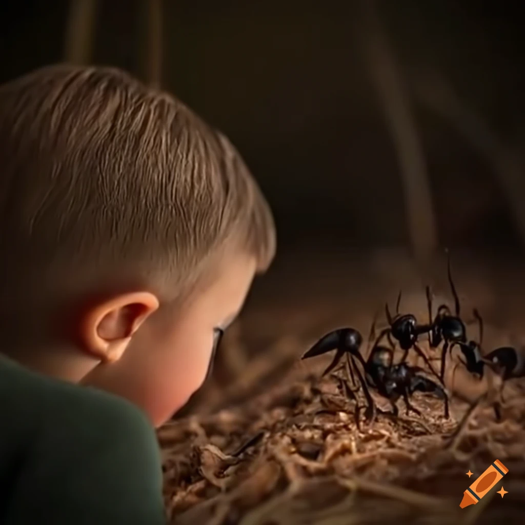 Boy observing ants going into an anthill on Craiyon