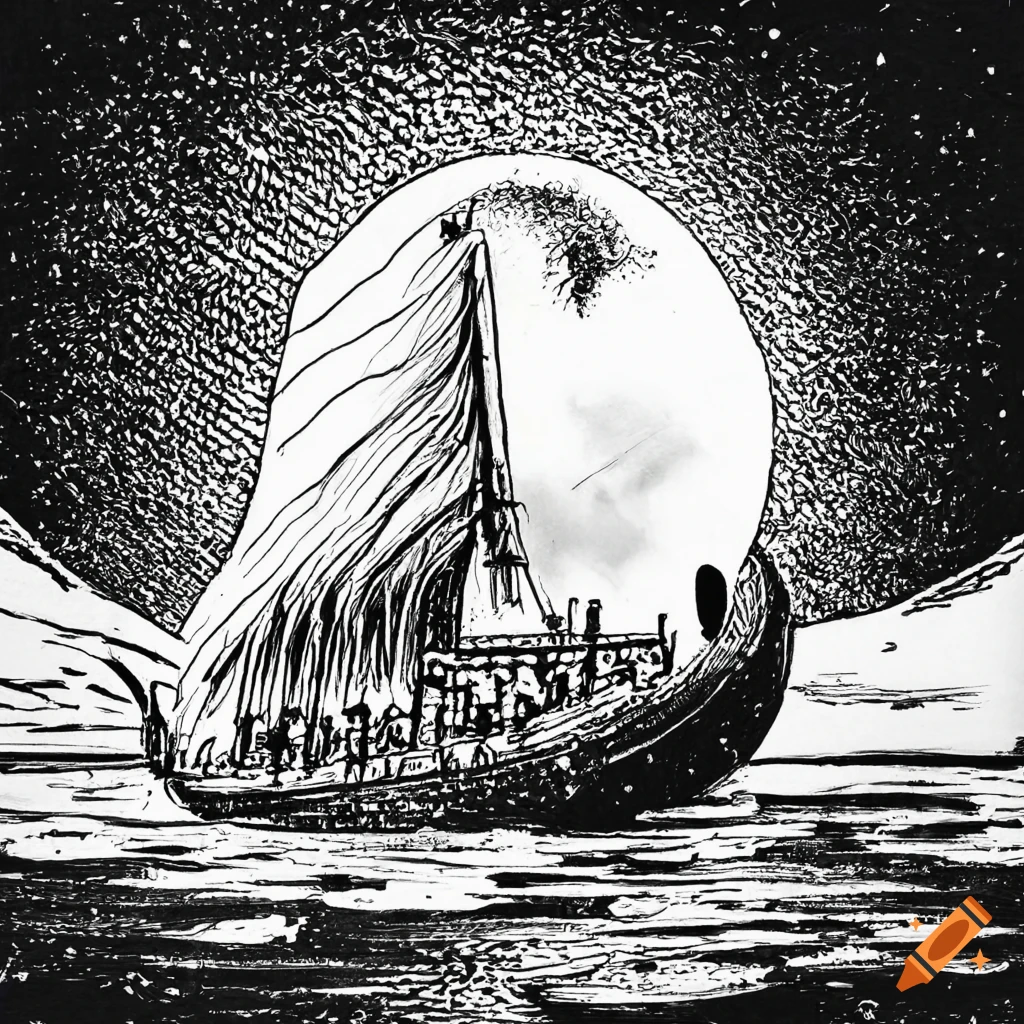 Black and white ink drawing of a viking ship sailing near an icy island ...