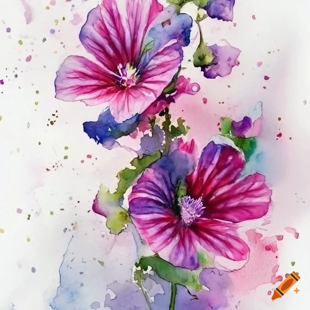 Watercolor painting of malva sylvestris flowers