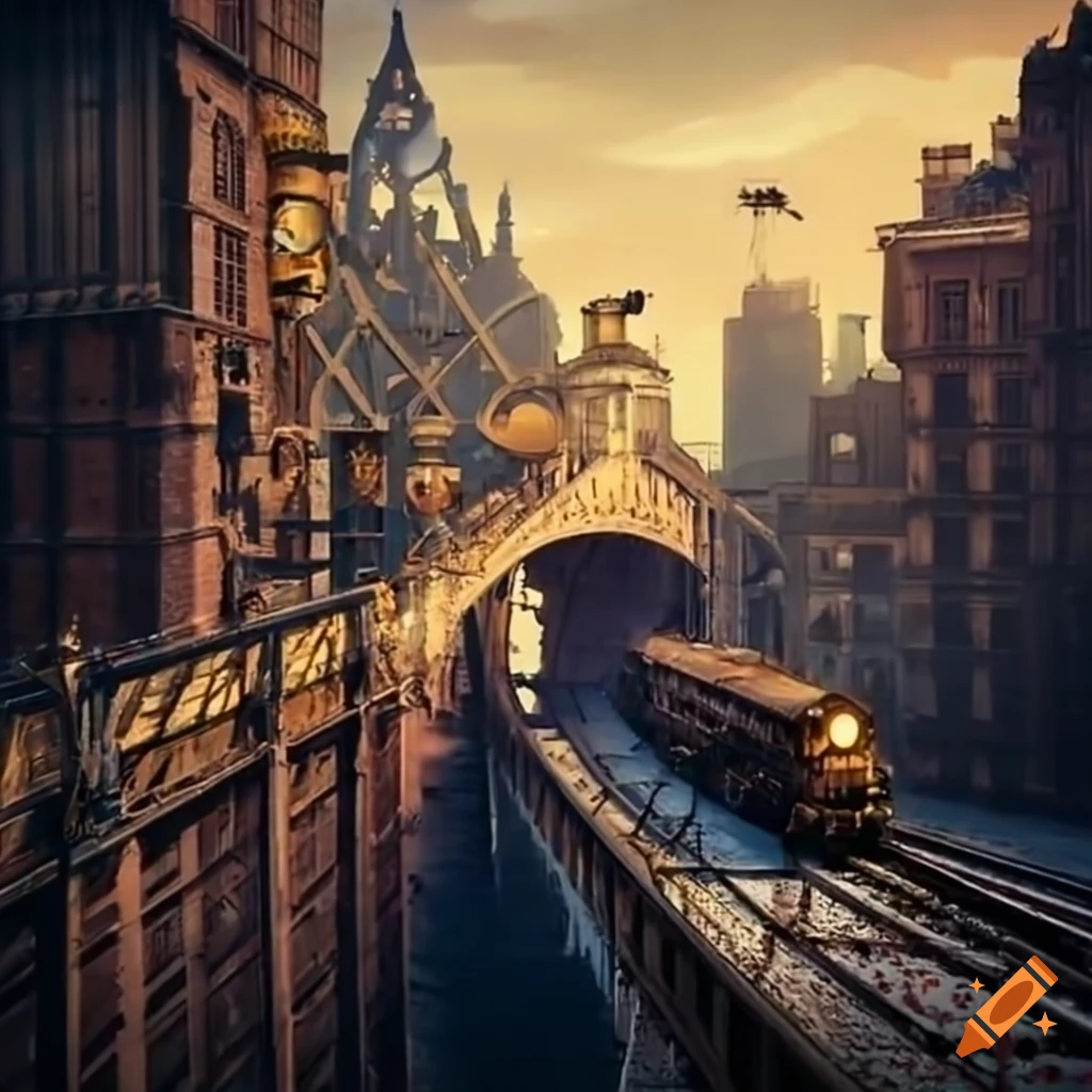 Steampunk train crossing a bridge in a city on Craiyon