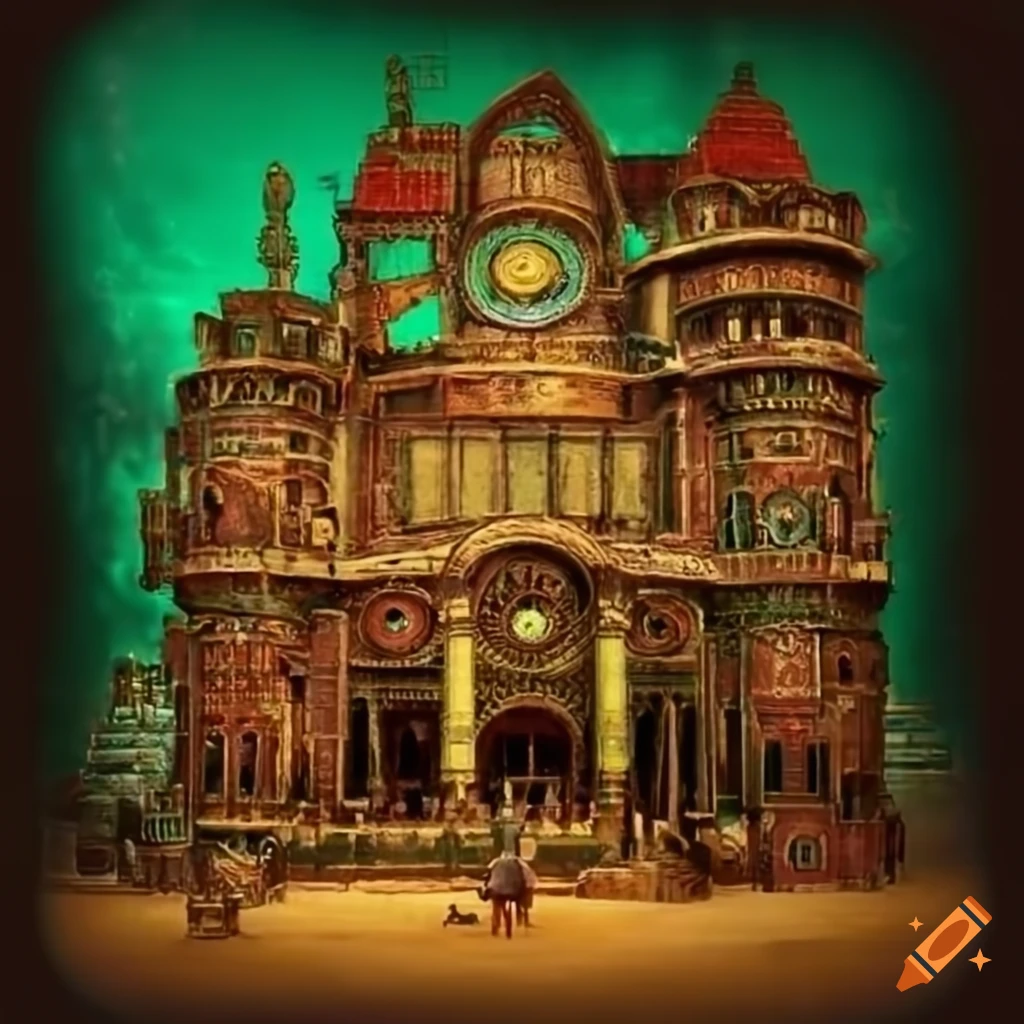 Steampunk city with green, red, and golden elements