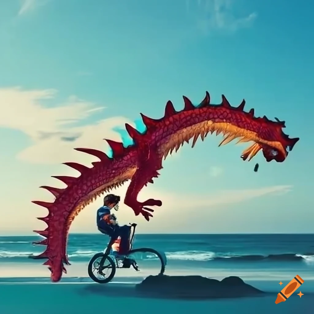 Fantasy artwork of a dragon riding a bike at the beach on Craiyon