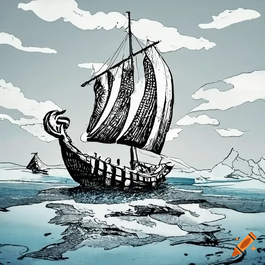 Black and white ink drawing of a viking ship sailing near a desolate island on Craiyon