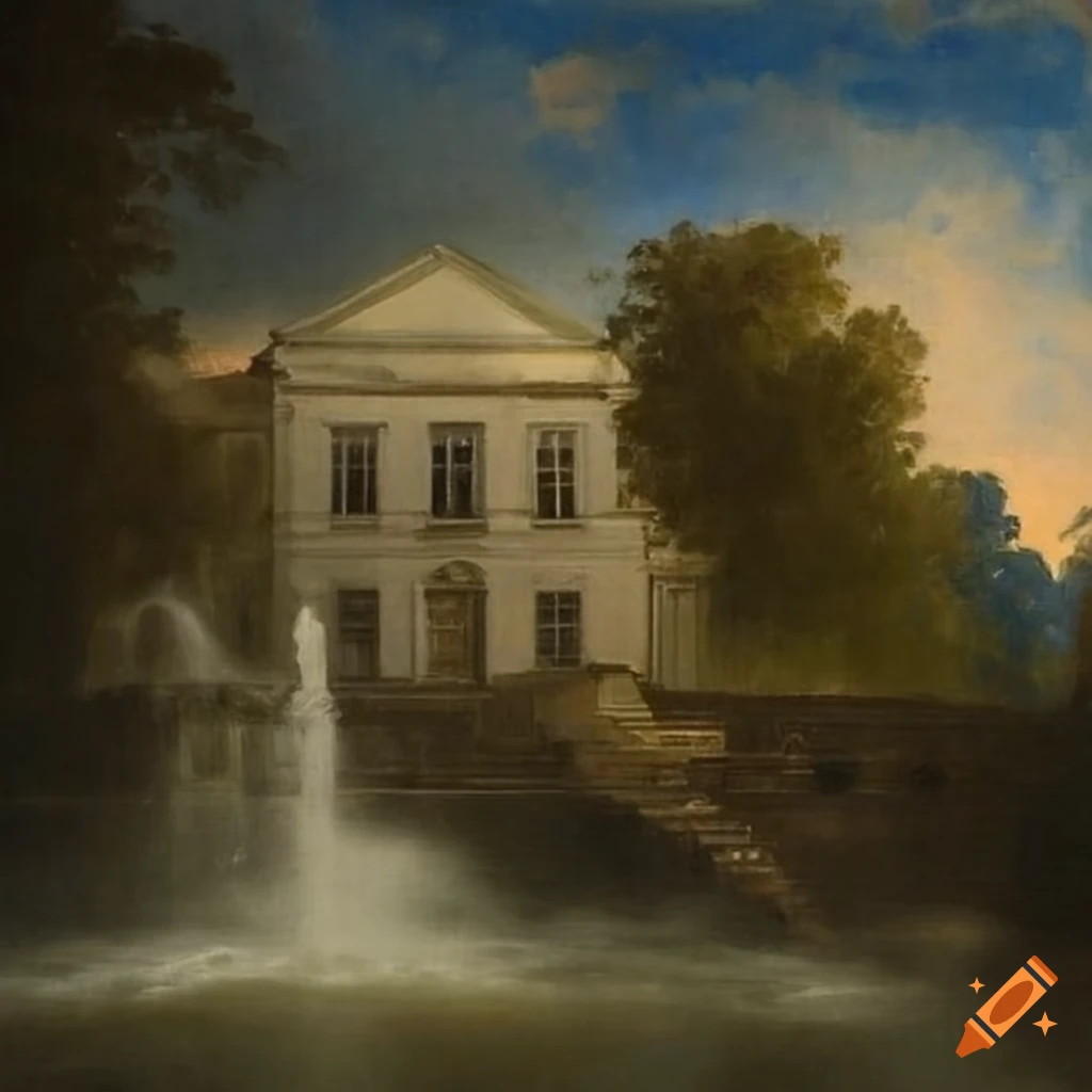 Neoclassical landscape painting with a house and running water on Craiyon