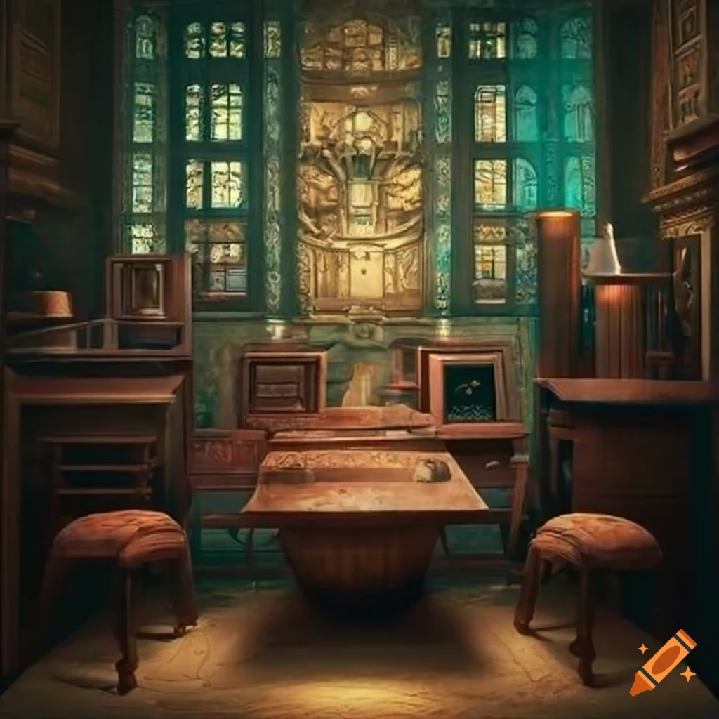 Image of an ancient cyber magic study room with a garden on Craiyon