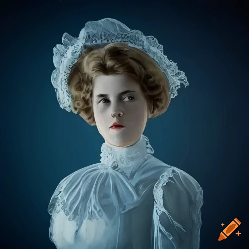 Illustration of an Edwardian woman in a white blouse on Craiyon
