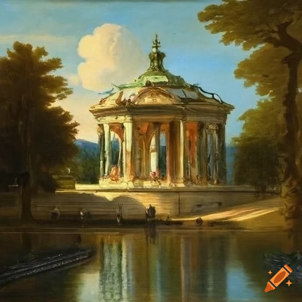 Neoclassical landscape painting with a gazebo and a fountain on Craiyon