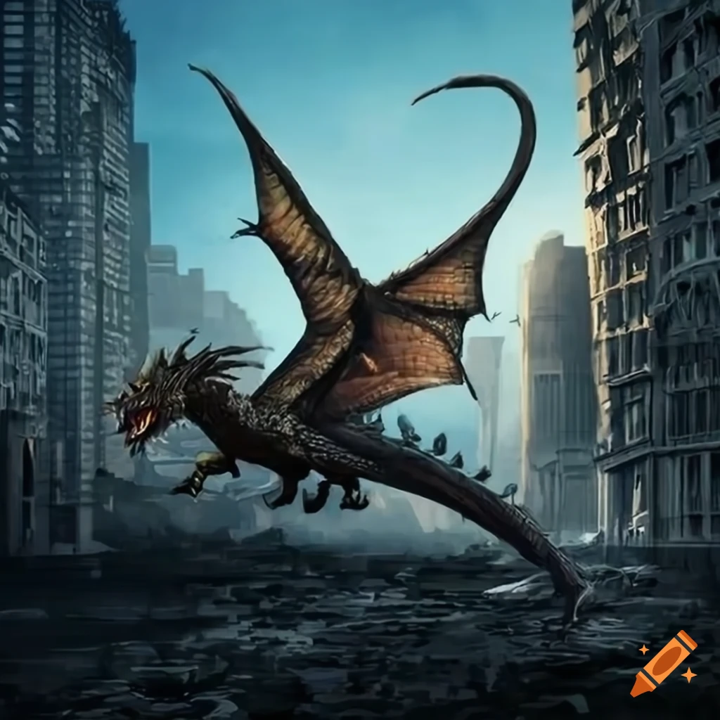 Soldiers and a photorealistic dragon in a war torn city on Craiyon