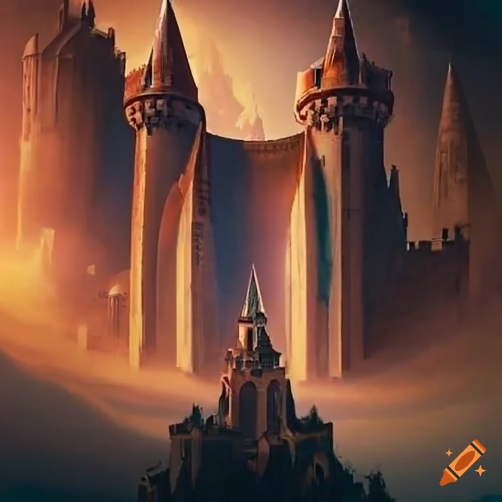 Graphic image of a powerful and imposing kingdom with a colossal castle ...