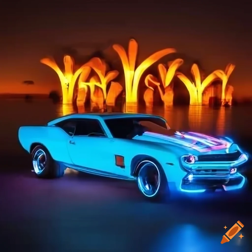 Neon-lit Camaro parked by palm trees on Craiyon