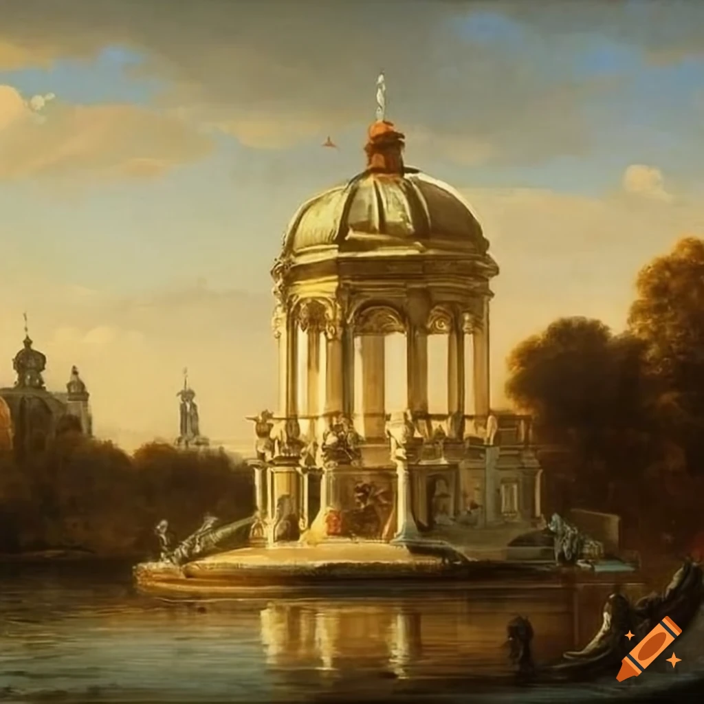 Neoclassical landscape painting with a gazebo and fountain on Craiyon
