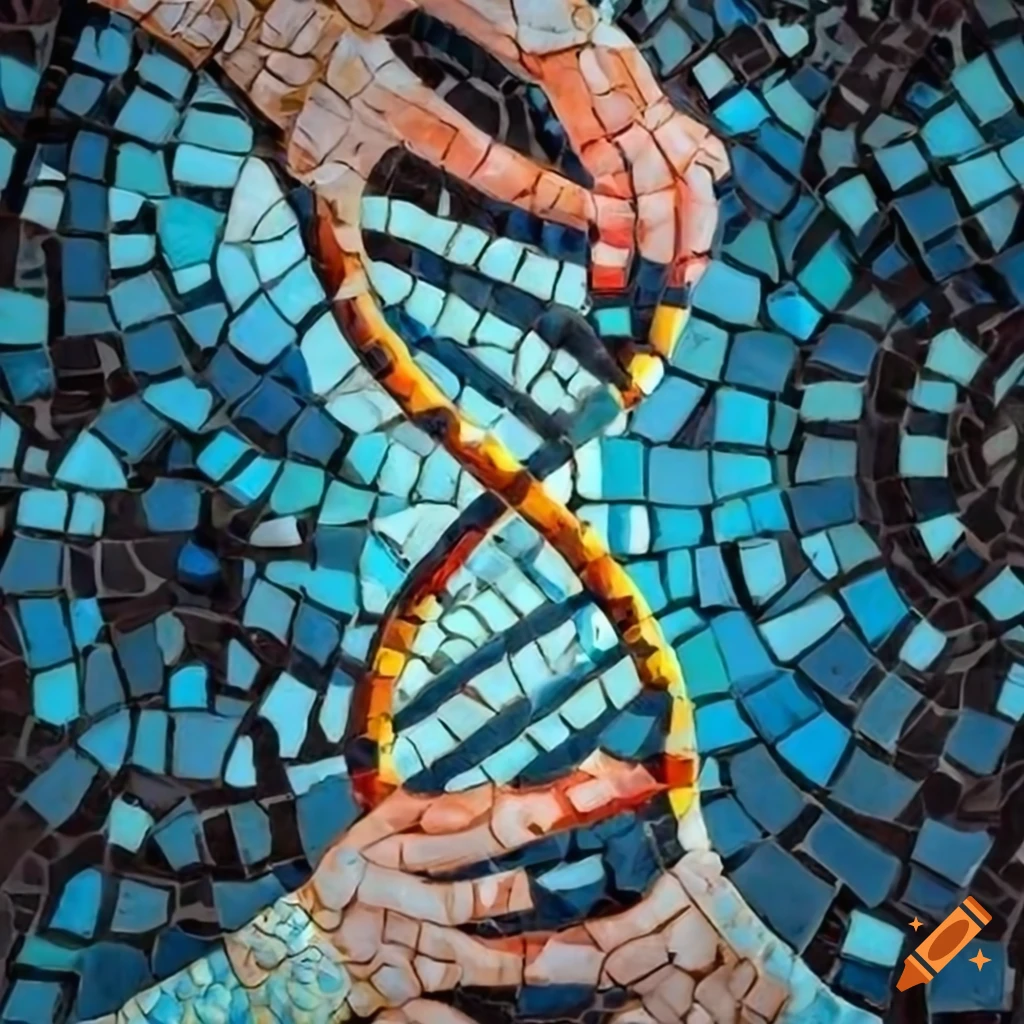 Mosaic mural of hands holding a dna helix on Craiyon