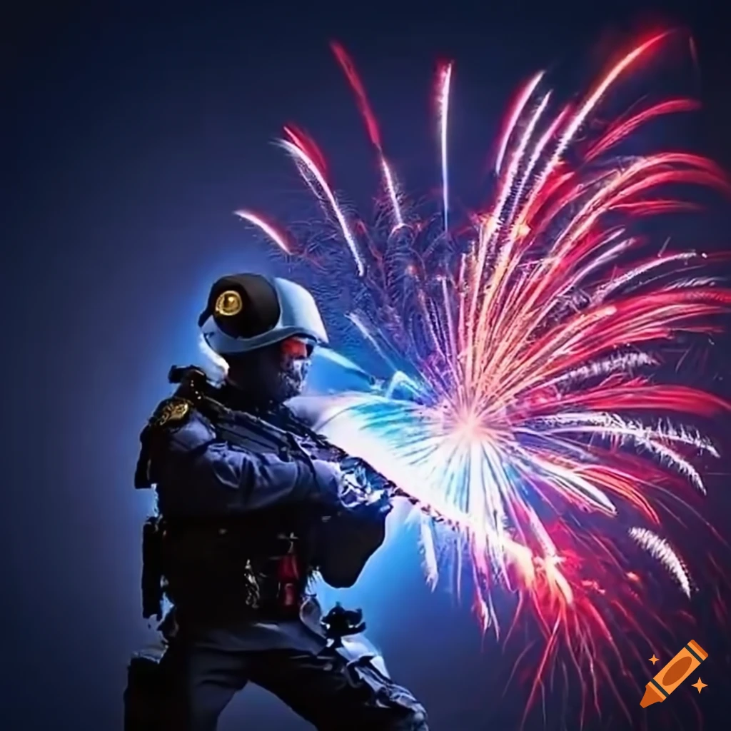 Image of policemen during riot control with fireworks on Craiyon