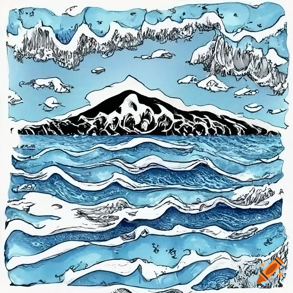 High contrast linocut of a swimming plesiosaur with mountains in the ...