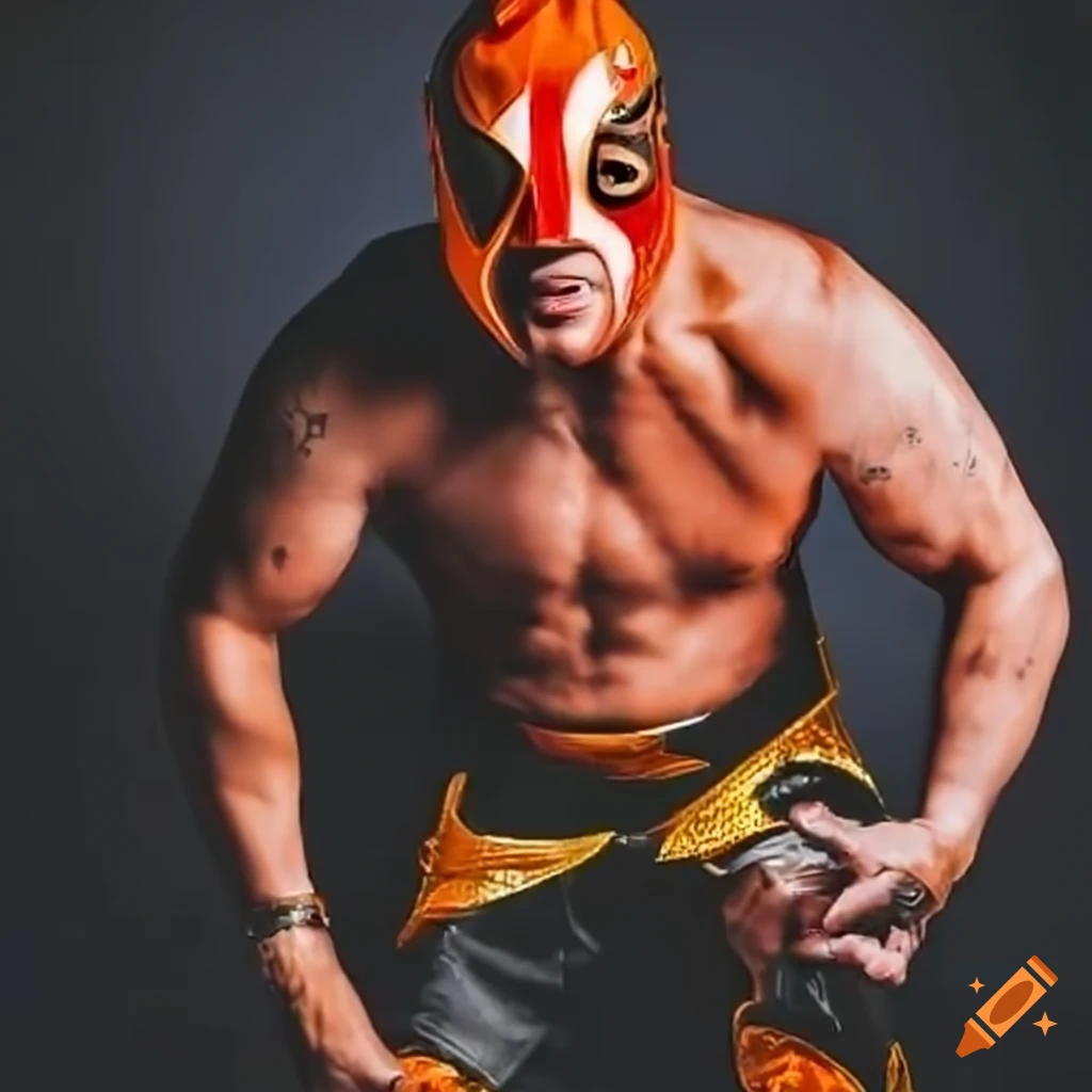 Triumphant luchador wearing orange mask and championship belt on Craiyon
