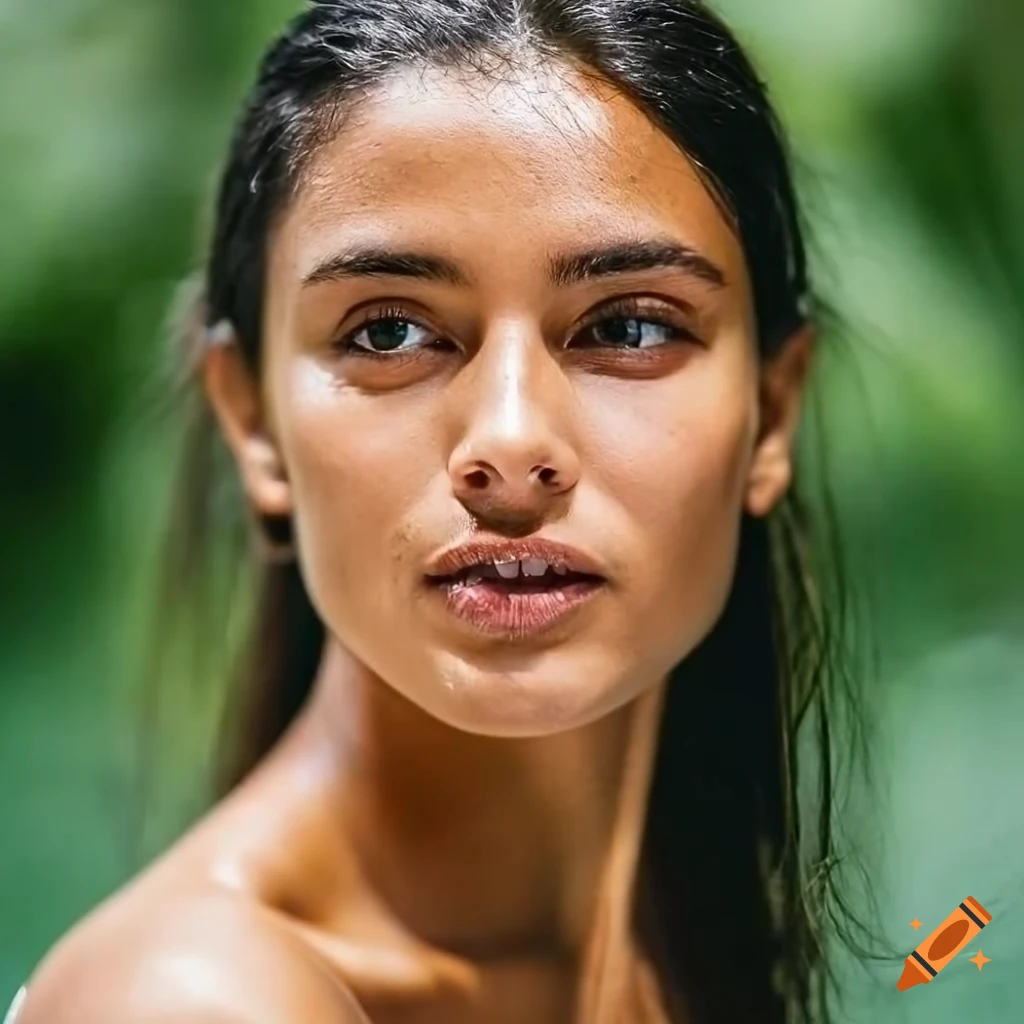 Portrait of a stunning woman in a tropical waterfall on Craiyon