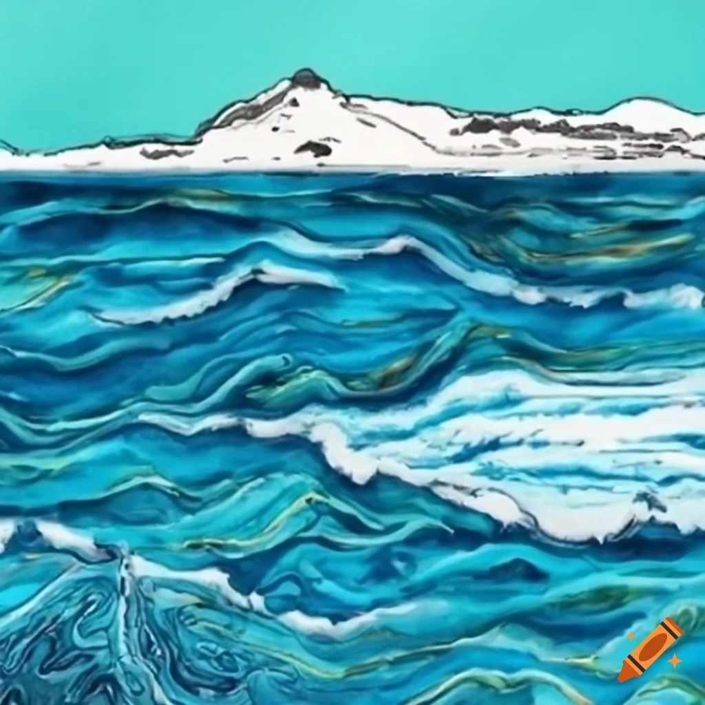 Detailed ink drawing of a desolate snowy island with stormy ocean on ...