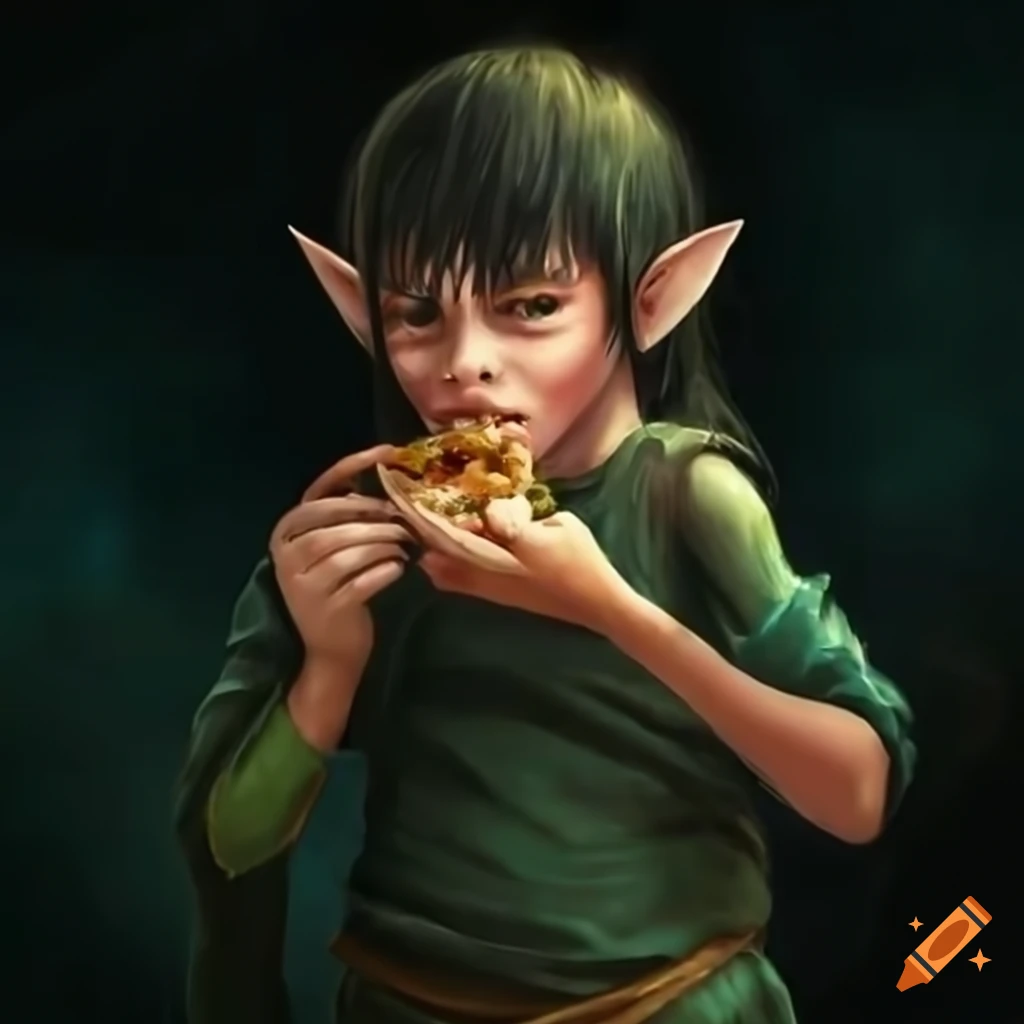 Illustration of a feral elf boy enjoying a burrito on Craiyon