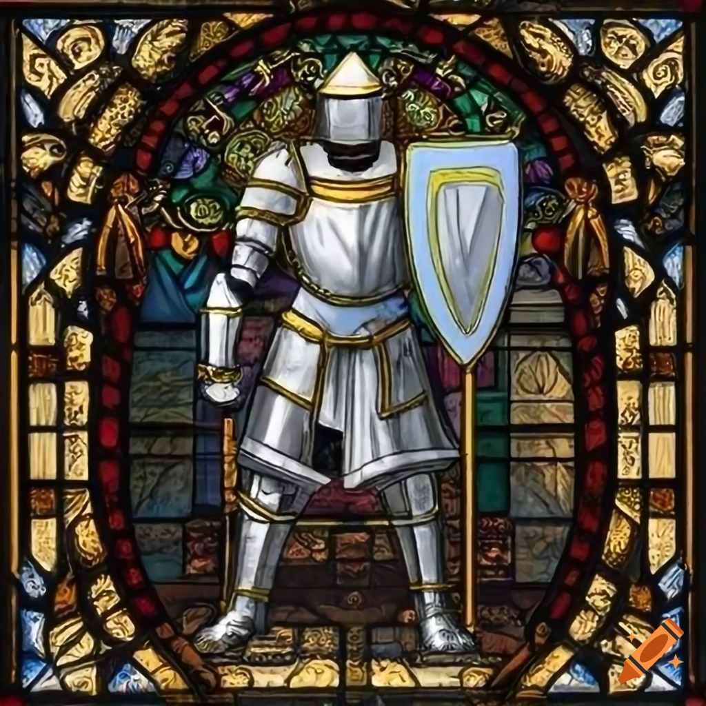 Stained glass artwork of a holy paladin in white armor with a pet eagle ...