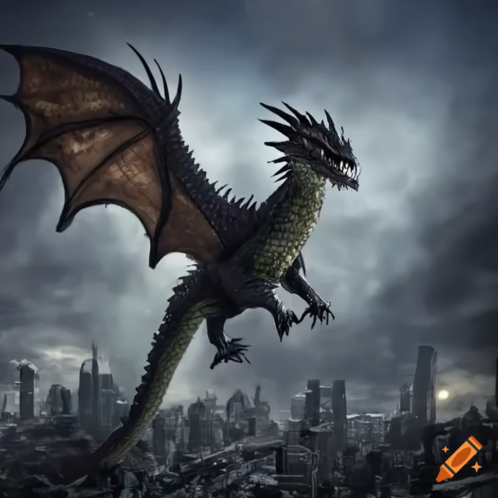 Illustration of a dragon flying over a destroyed city
