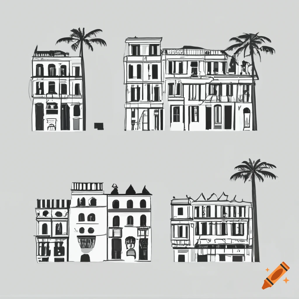 Minimalistic pencil drawing of french riviera houses and palm trees on ...