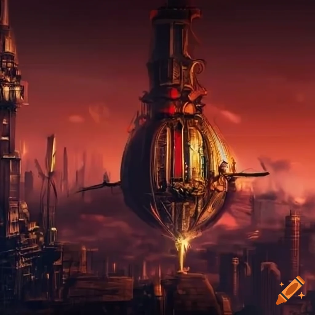 Futuristic steampunk city with airships and biplanes on Craiyon